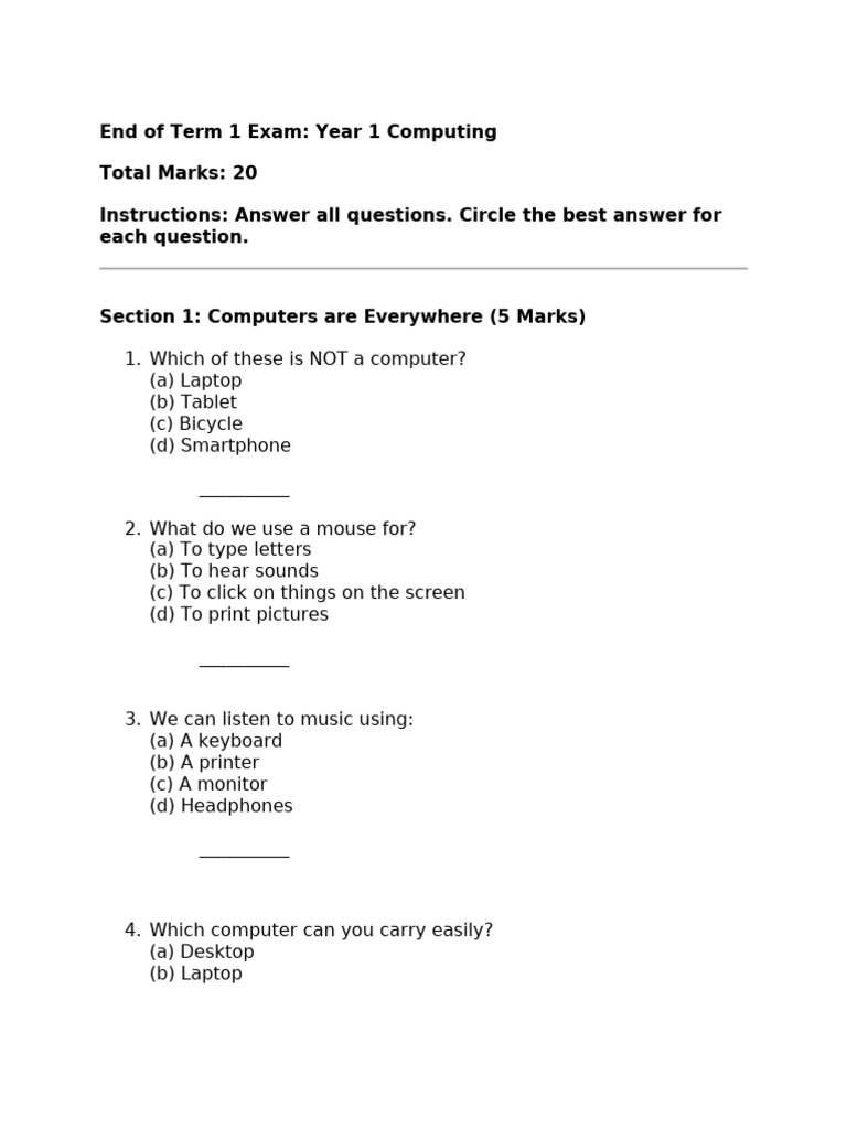 Year 1 Computing Exam Questions | PDF | Laptop | Computer Keyboard