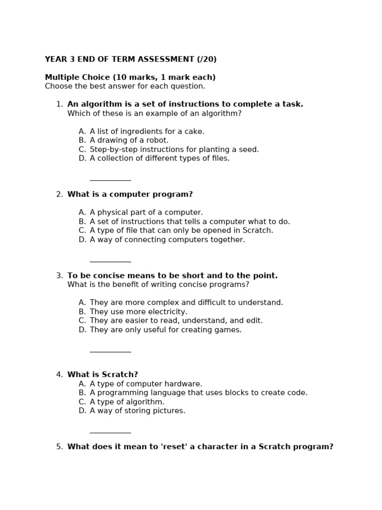 Year 3 End of Term Assessment | PDF | Scratch (Programming Language ...