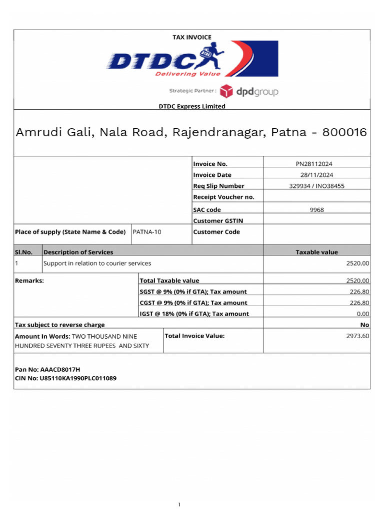 DTDC Courier Bill | PDF