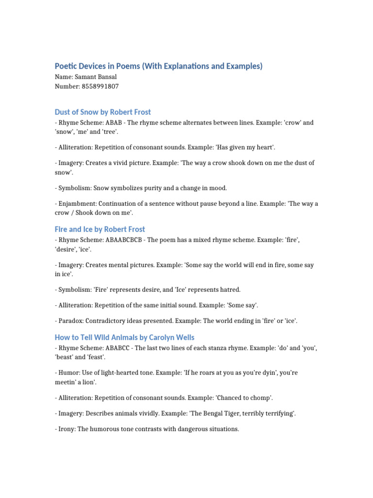 Poetic Devices With Examples Samant Bansal | PDF | Poetry | Rhyme