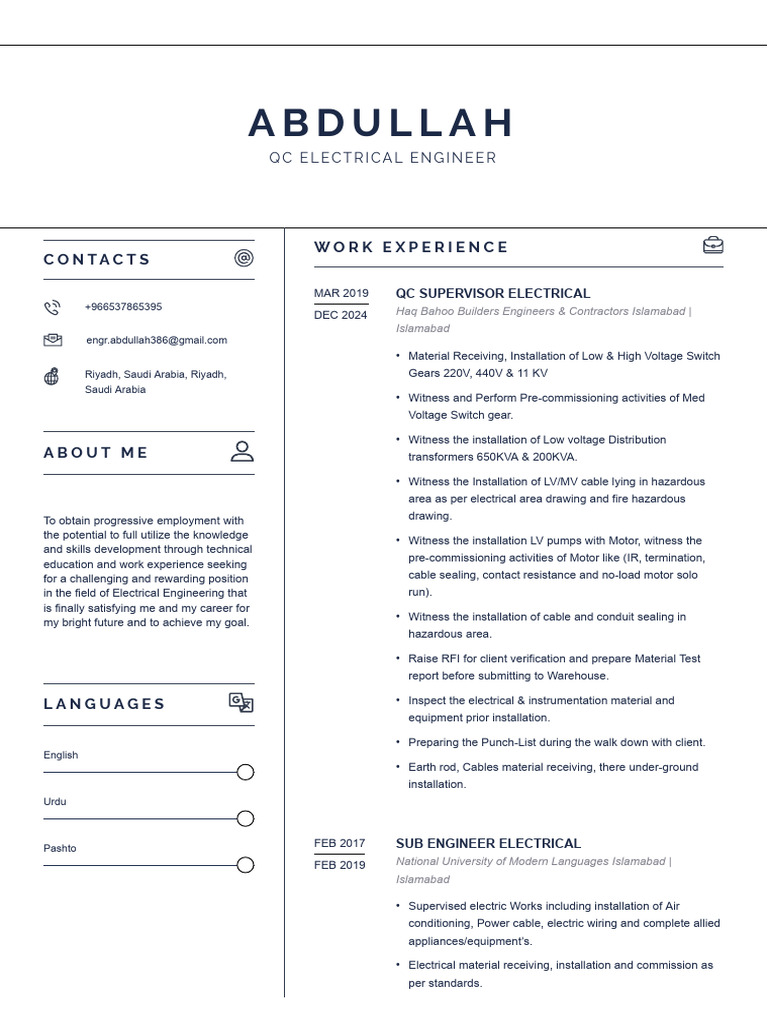 Abdullah QC Electrical CV | PDF | Electric Power Transmission | Specification (Technical Standard)