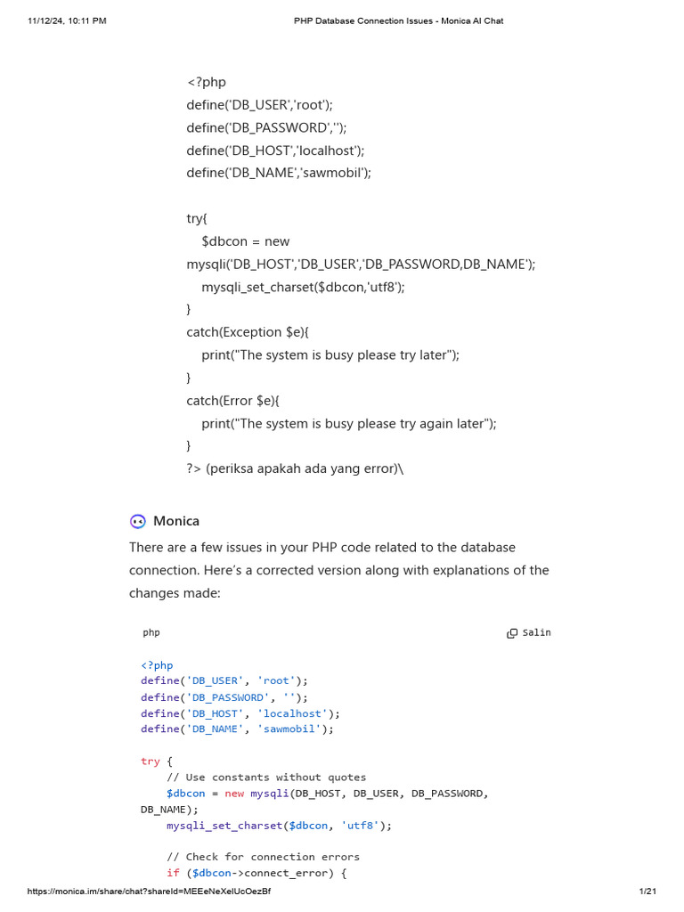 PHP Database Connection Issues - Monica AI Chat | PDF | Php | Databases