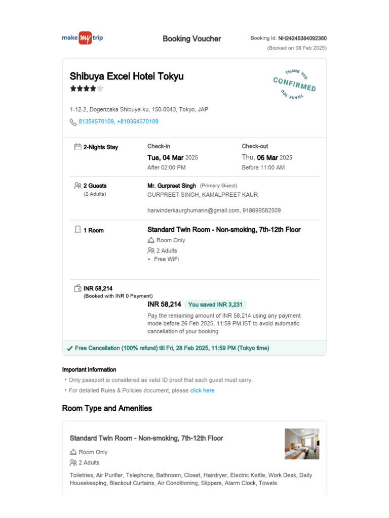 Shibuya Excel Hotel Tokyu Booking Details | PDF | Credit Card | Payments