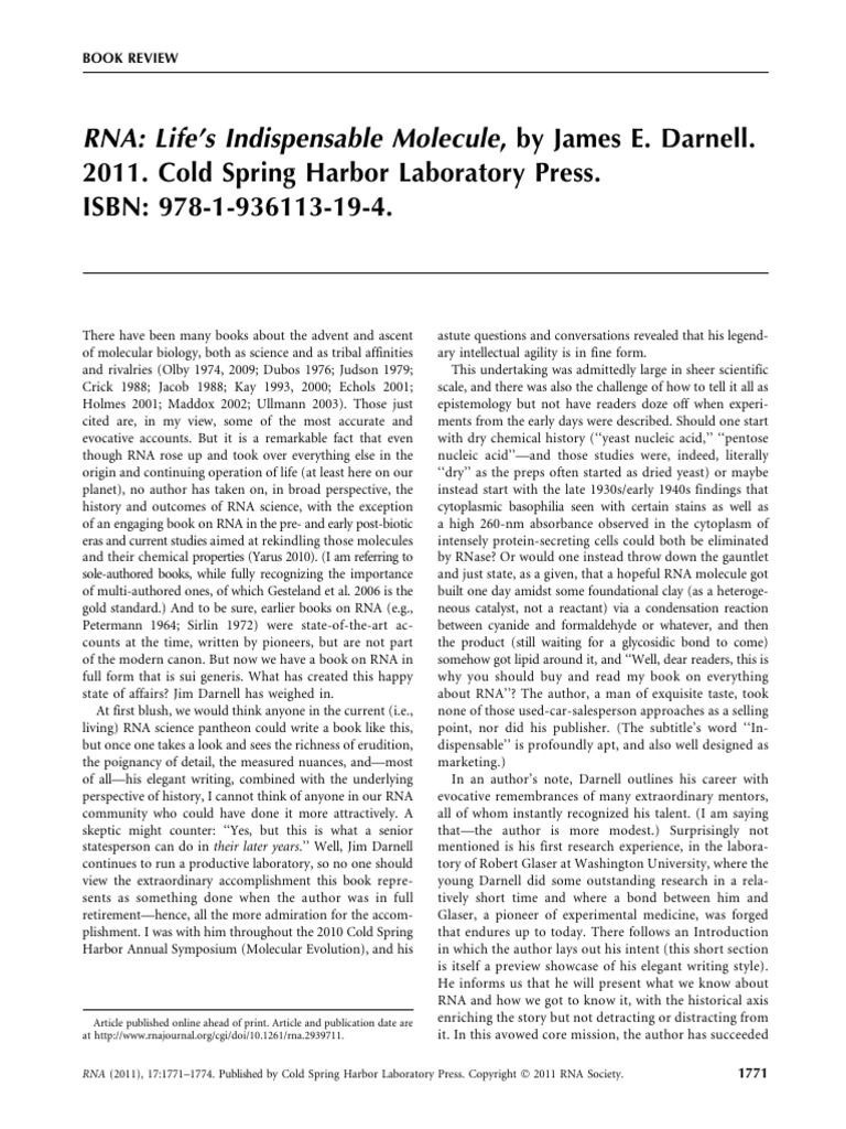 Rna Life S Indispensable Molecule by James e Darnell 2011 52illigyss ...