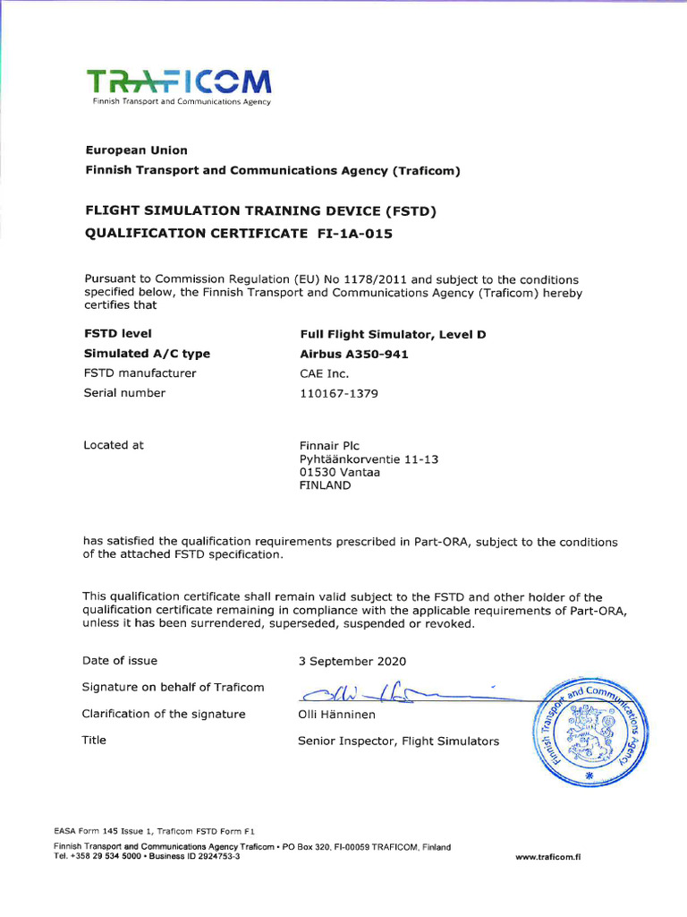 A350 Ffs FSTD Qualification Certificate 2020 Data | PDF