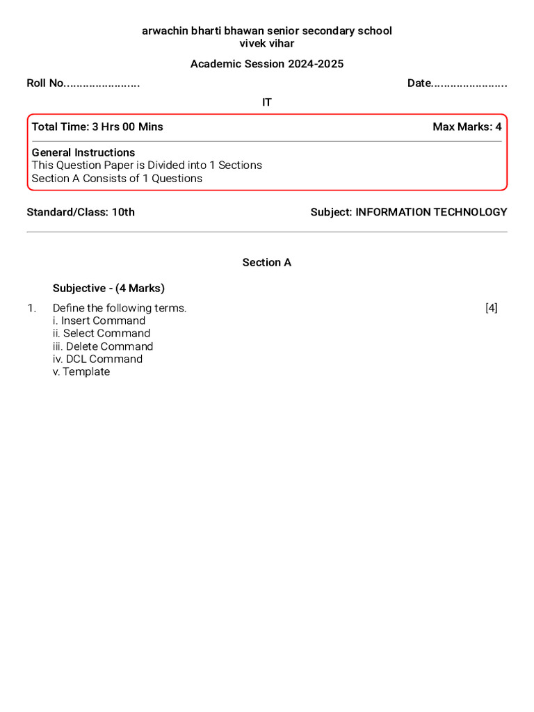 Papermonk: This Question Paper Is Divided Into 1 Sections Section A ...