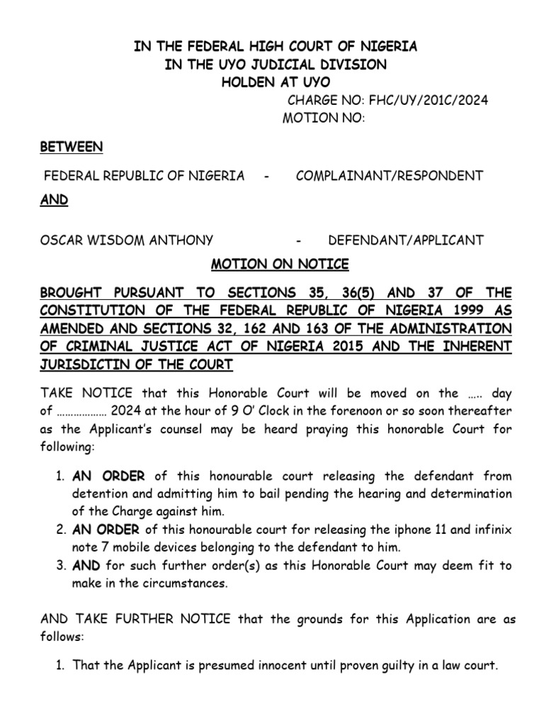 Motion For Bail For Wisdom Oscar at Vacation Court 11 | PDF | Bail ...