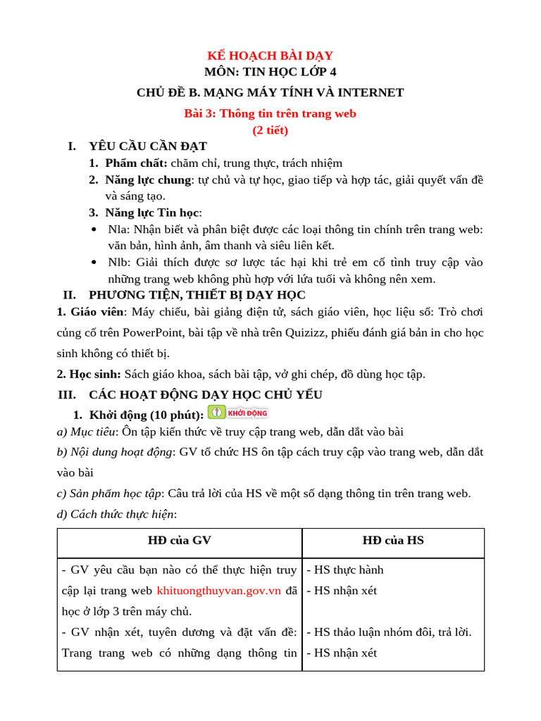Tin 4 - KHBD - Bài 3 - Thông Tin Trên Trang Web | PDF