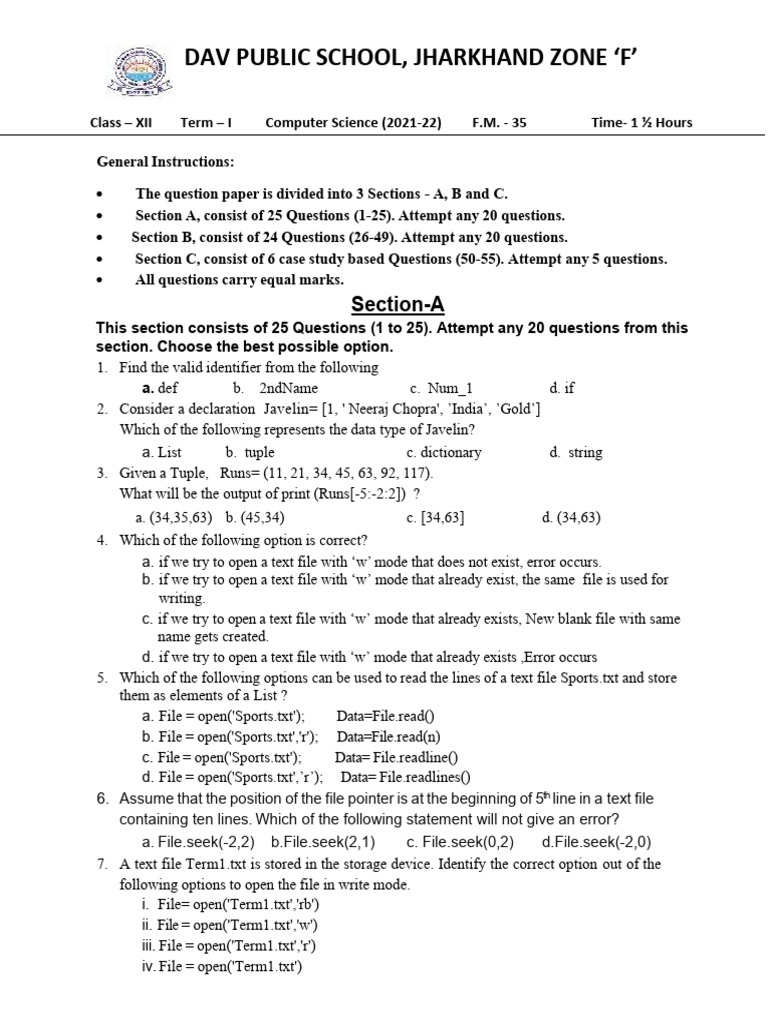 Term I Class Xii Computer Science Pdf Pointer Computer Programming Text File