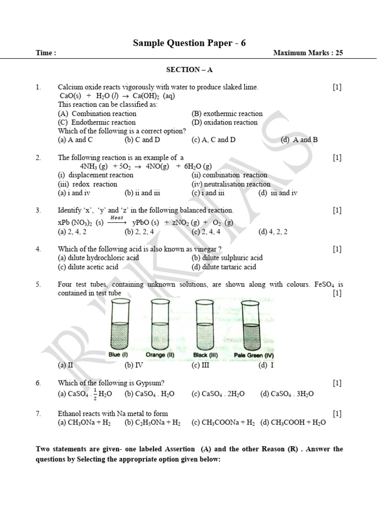 Sample Paper - 6 - Chemistry | PDF | Chemical Reactions | Acid