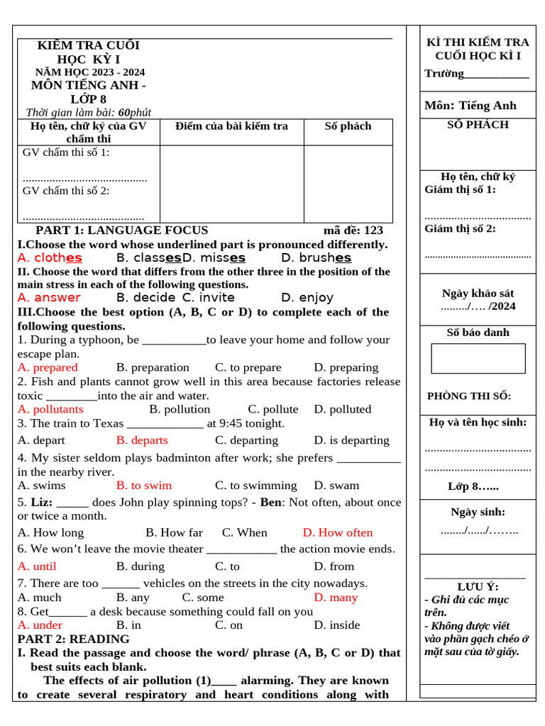 ĐỀ KTCK1-E8 123 | PDF