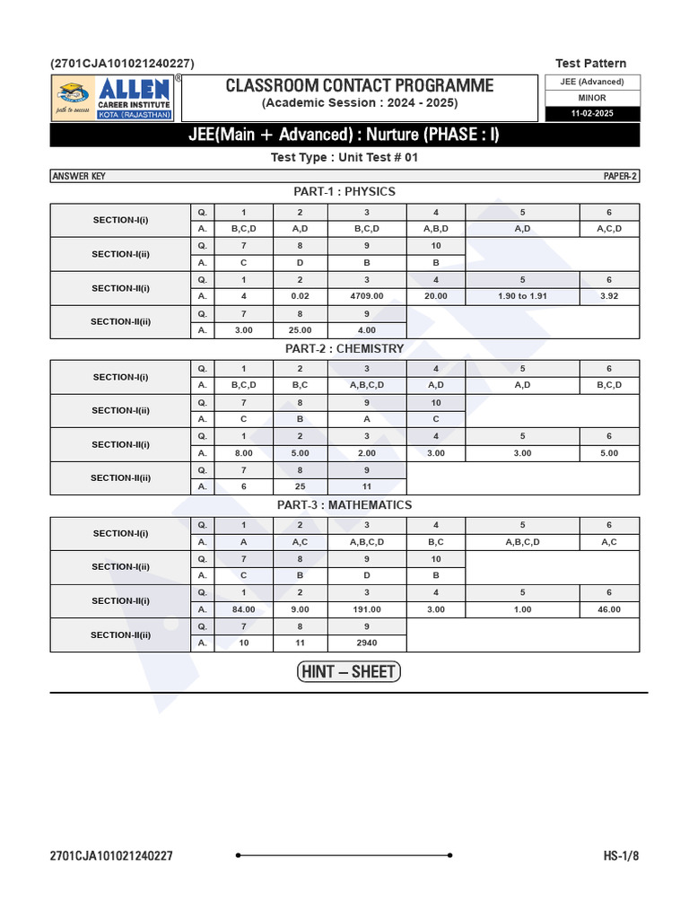 Answer Key - Iit-Jee Adv Nurutre SRG - Paper II Dt. 11-02-2025 | PDF