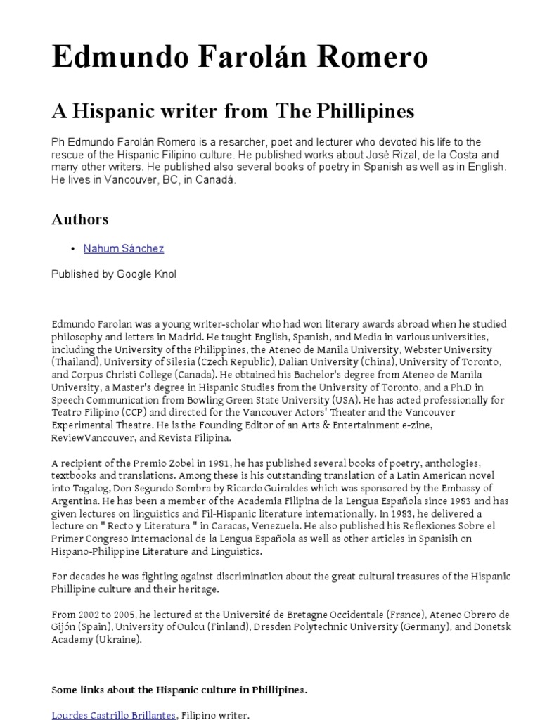 Edmundo Farolán Romero As Published in Google Knol | PDF | Poetry ...