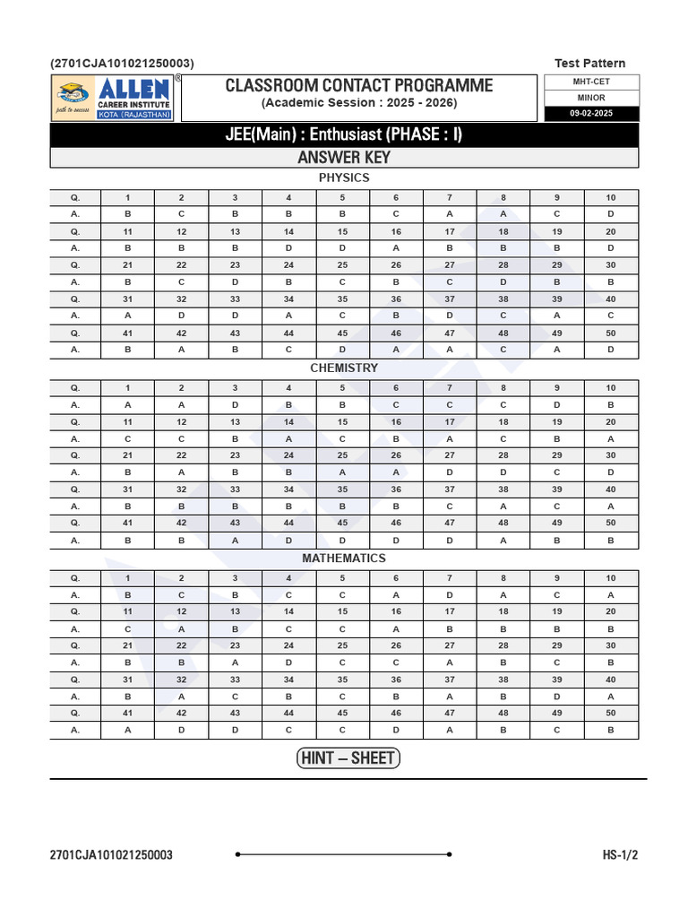 Jee Mh-cet Enthuse Batch P-i Mit #1 Ans Key - 09-02-2025 | PDF | Inequality (Mathematics ...