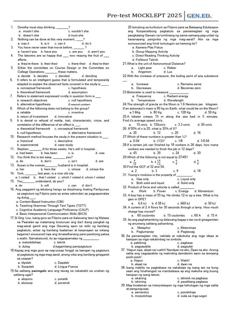 Mock LEPT 2025 General Education Test | PDF | Force | Hypothesis