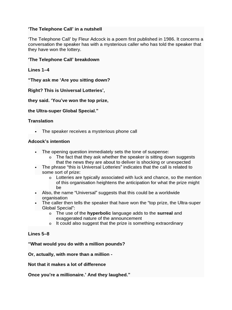 Summary of Adcock's "The Telephone Call" | PDF | Experience | Telephone ...