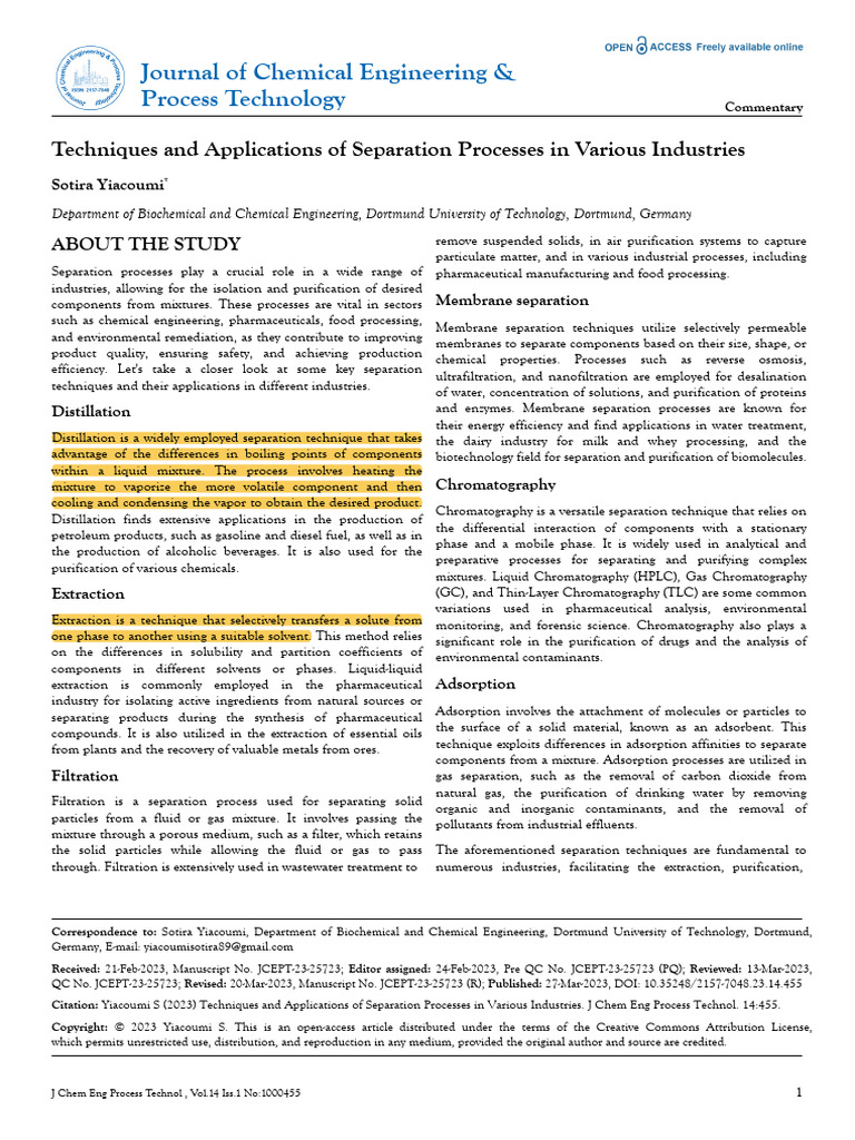Techniques and Applications of Separation Processes in Various ...