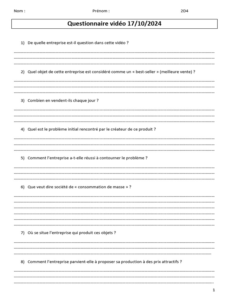 Questionnaire Vidéo Bic 2D4 | PDF