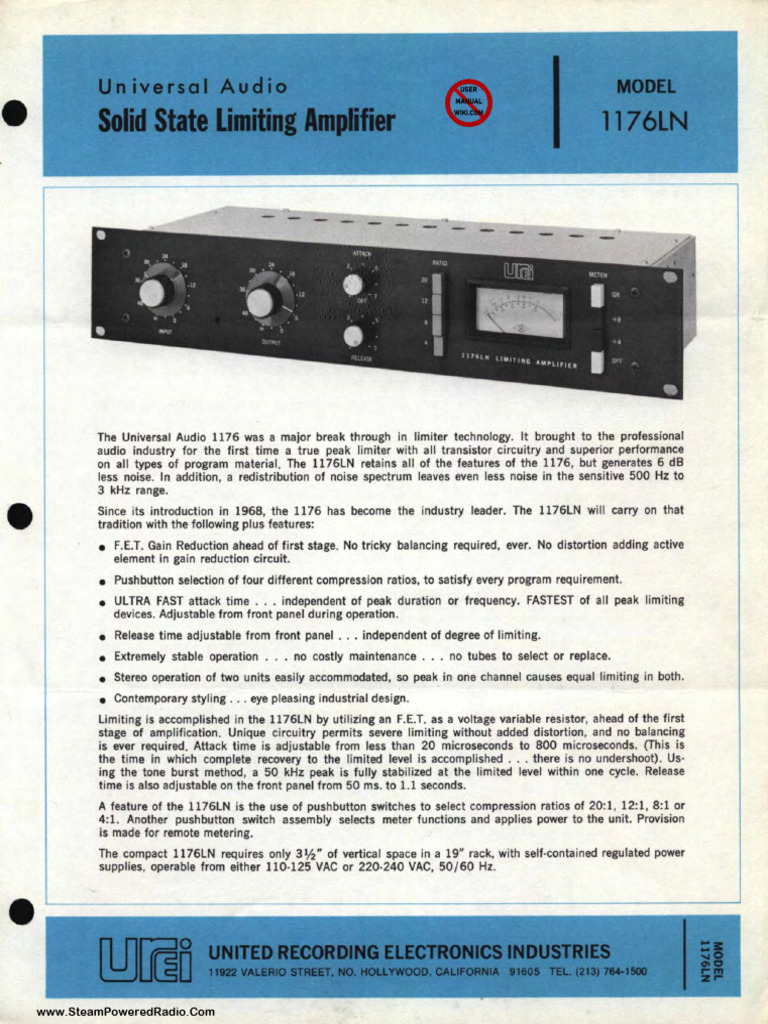 UREI 1176LN Limiting Amplifier Catalog | PDF | Decibel | Alternating Current