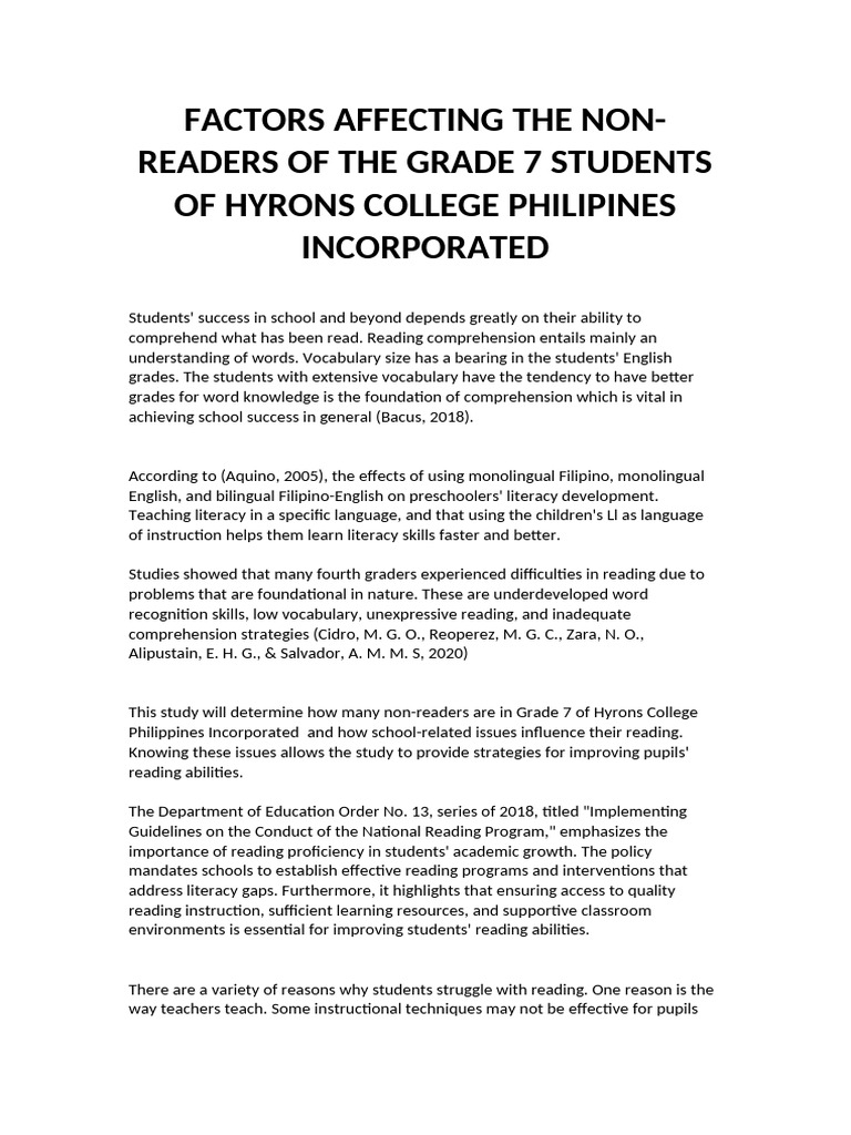 Non-Readers in Grade 7 at Hyrons College | PDF | Reading Comprehension ...