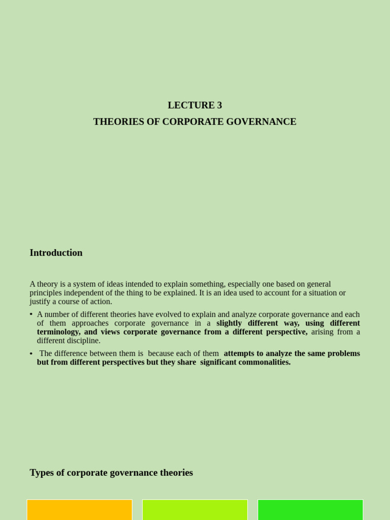 Lecture 3 - Theories of Corporate Governance | PDF | Stakeholder (Corporate) | Governance