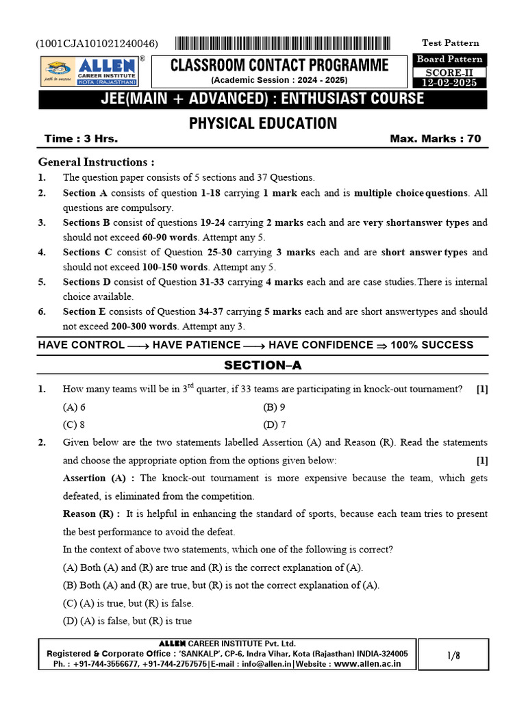 1202 Physical Education JEE Score-II Board Pattern Paper | PDF | Force ...