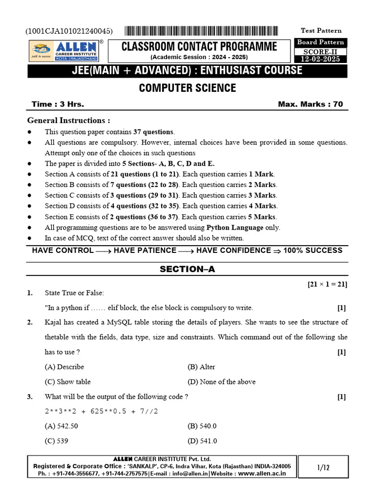 JEE 2025 Computer Science Exam Paper | PDF | Computer Network ...