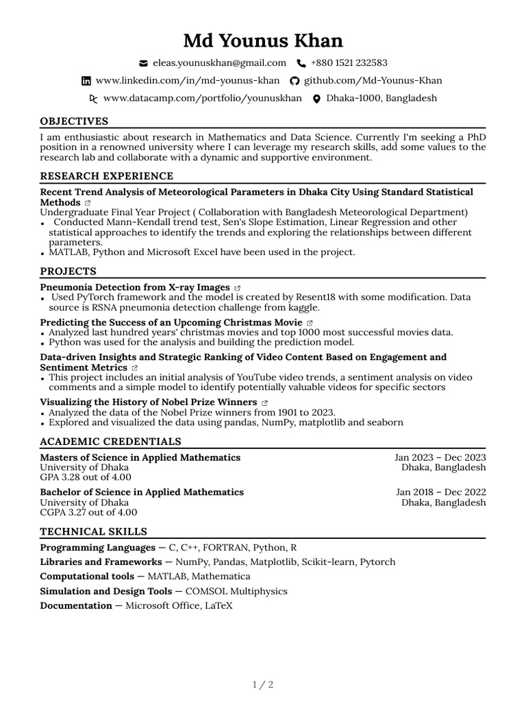 MD Younus Khan FlowCV Resume 20250205 | PDF | Data Science | Statistics