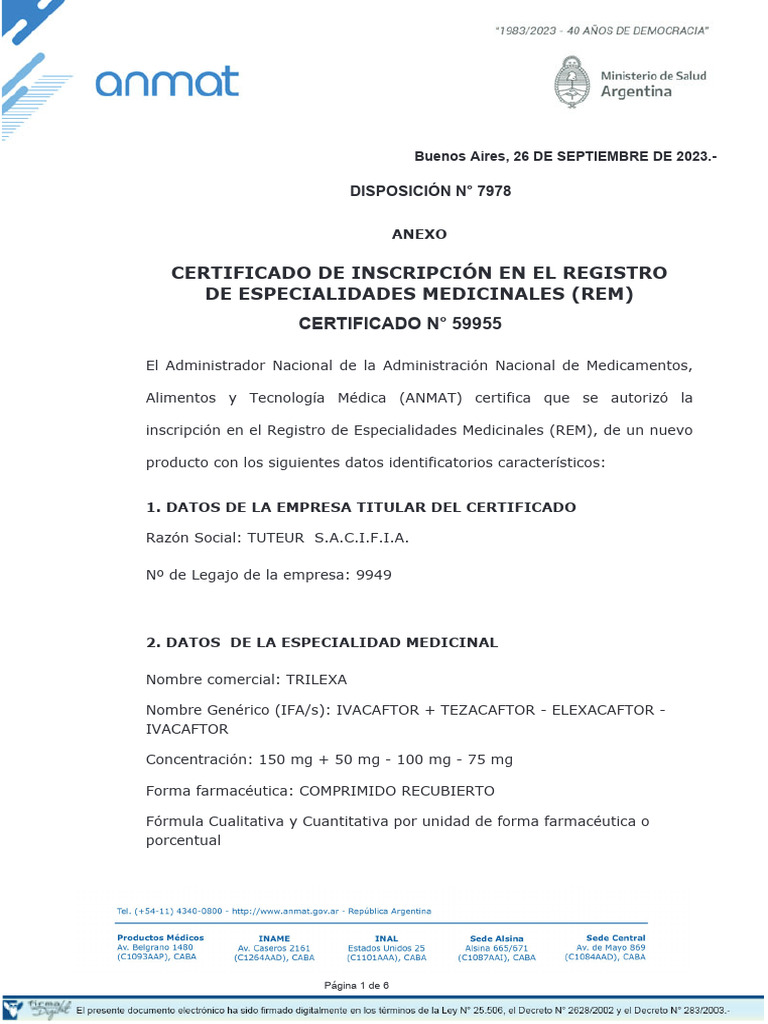 ANMAT Certificate TRILEXA - PDF - Trilexa - Certificado - ANMAT | PDF ...