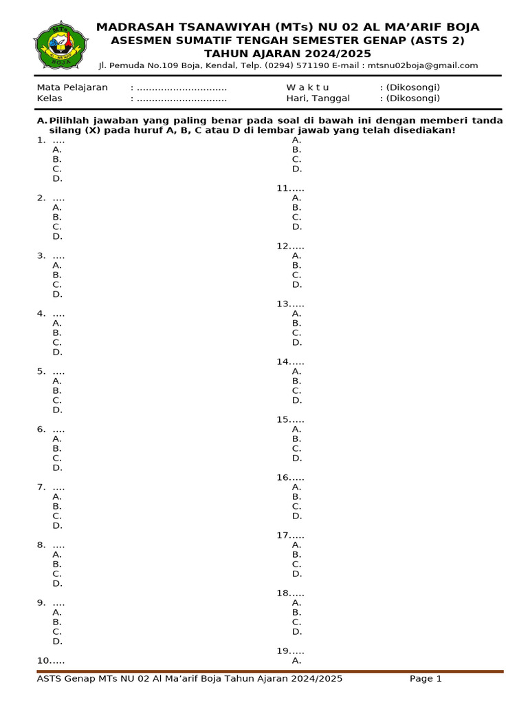 Template Naskah Soal ASTS Kelas 7 & 8 Genap 2425 | PDF