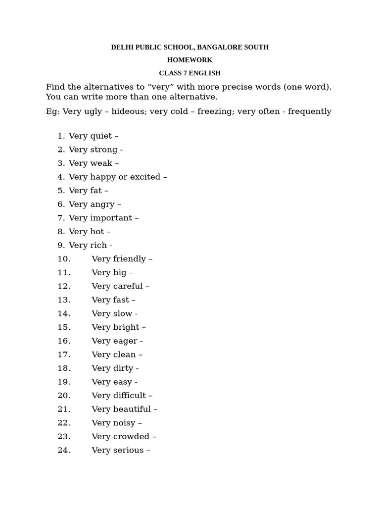 Grade 7 English HW - Words With VERY | PDF