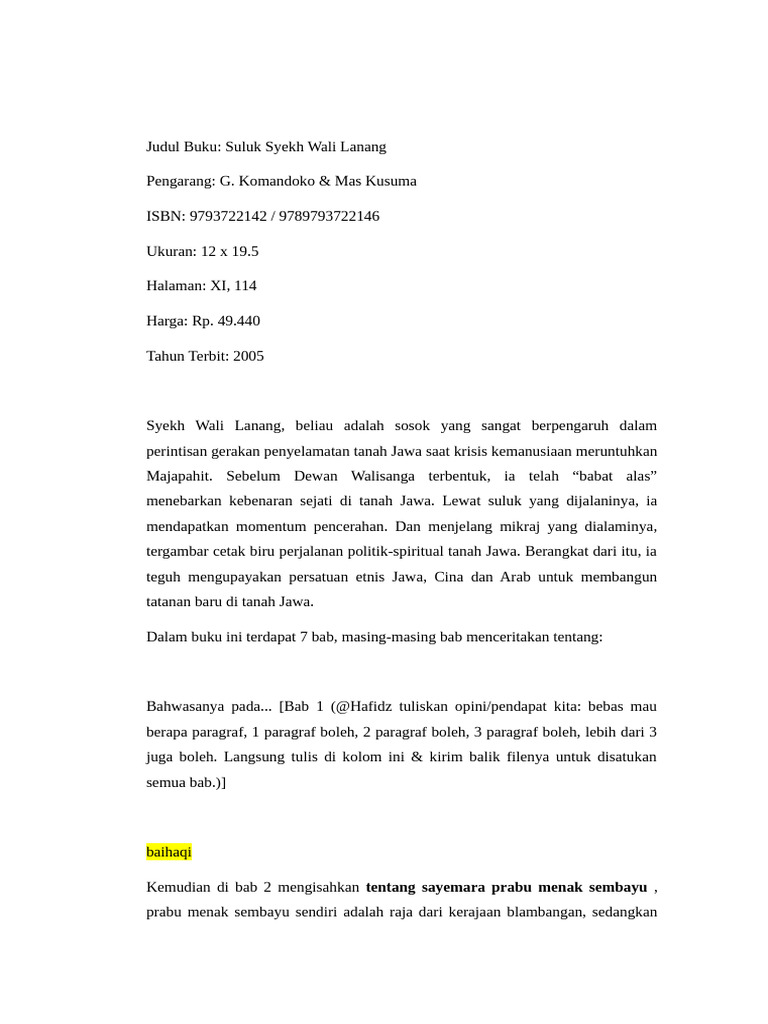 Resensi Buku Suluk Syekh Wali Lanang | PDF