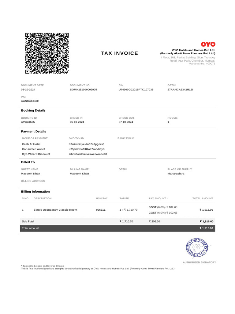 Customer Invoice Booking Stay Sob AVG34665 2024 10-08-053814899 | PDF ...