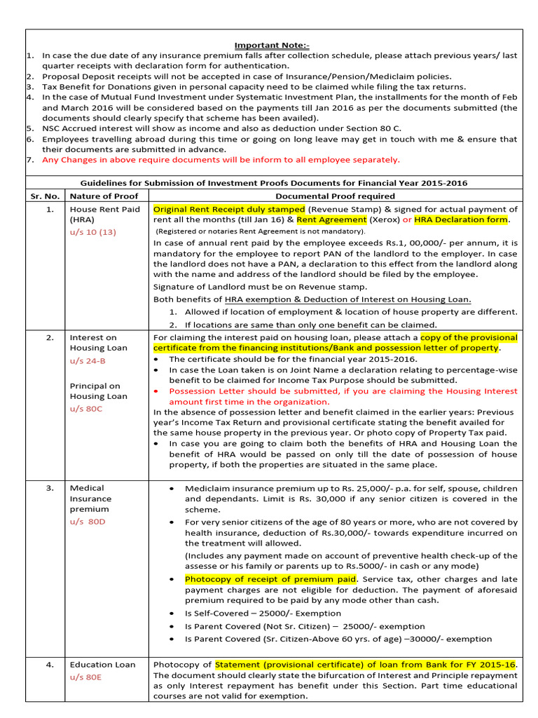 Investment Proof Submission Guidelines 2015-16 | PDF | Tax Deduction ...