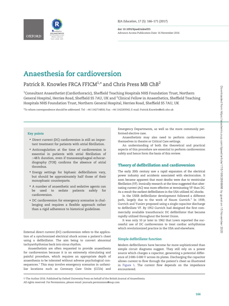 Anaesthesia For Cardioversion | PDF | Anesthesia | Artificial Cardiac ...