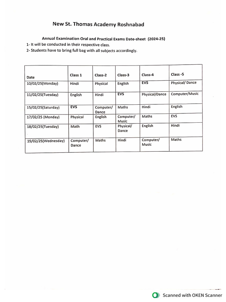 Annual Oral and Practical Exam Datesheet 2024-25 | PDF
