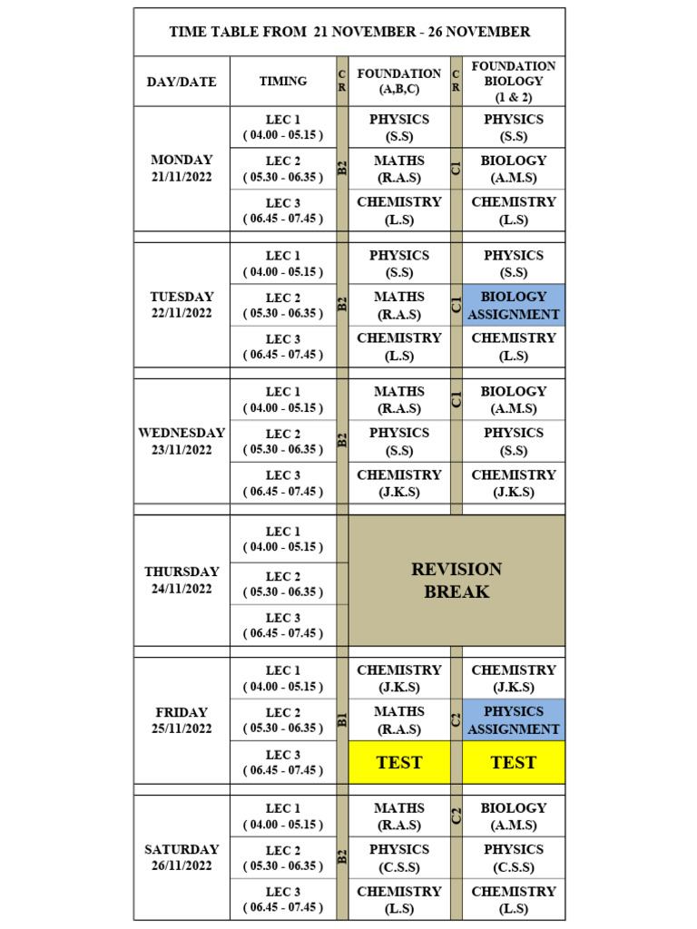Weekly Academic Timetable: Nov 21-26 | PDF