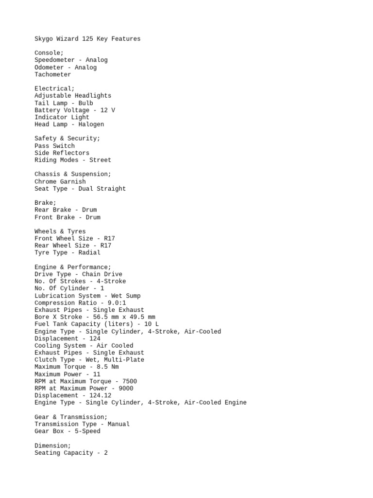 Skygo Wizard 125 Key Features | PDF
