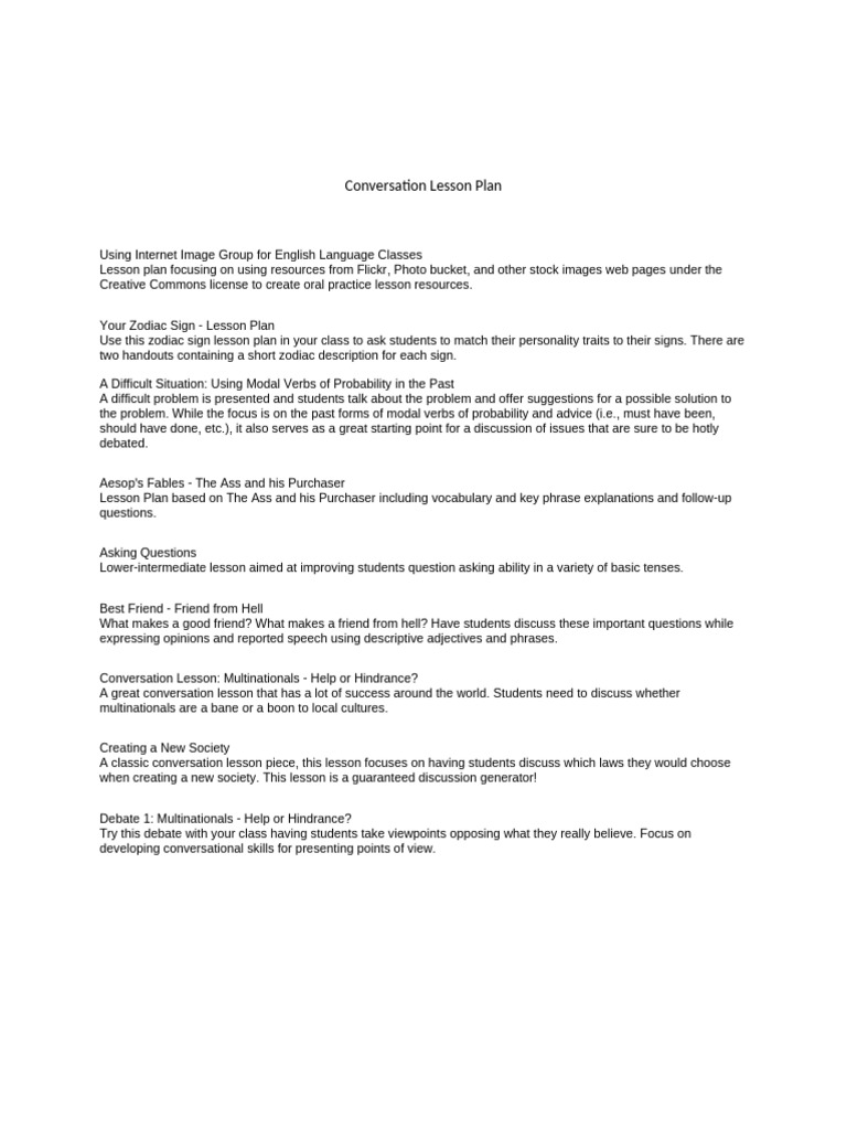 Conversation Lesson Resume | PDF | English As A Second Or Foreign ...
