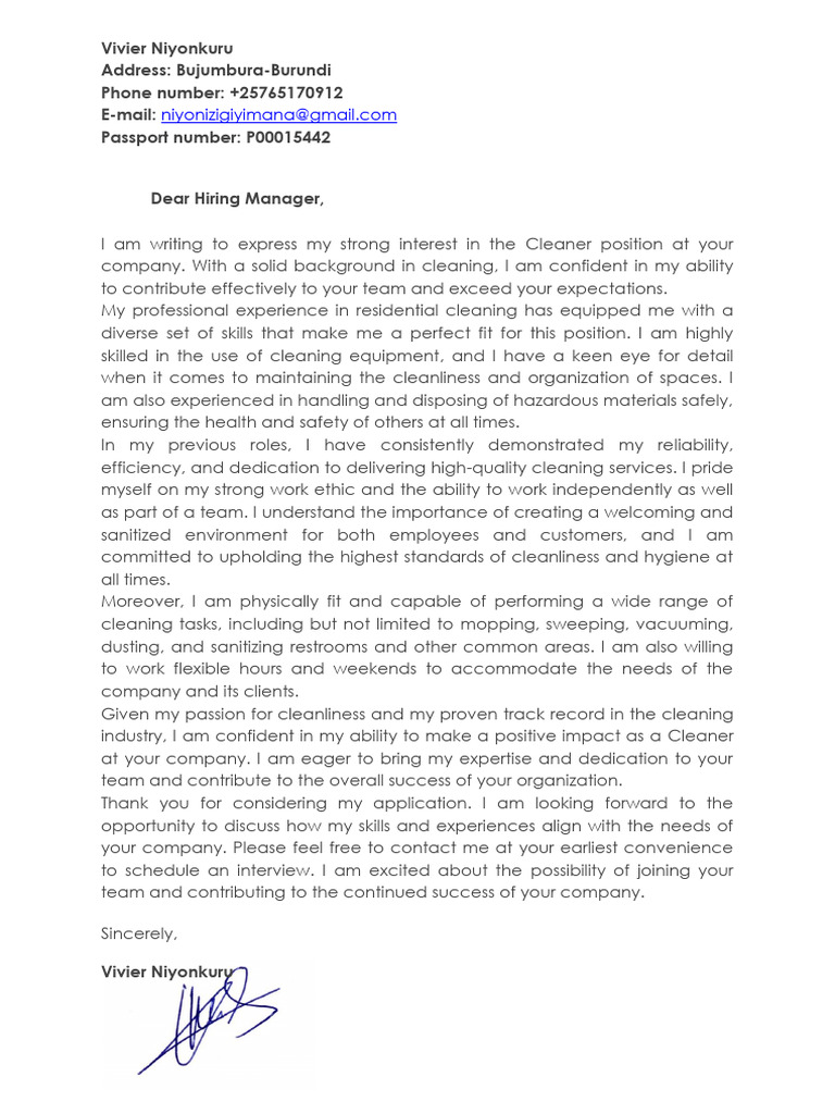 Application for Cleaner Position | PDF