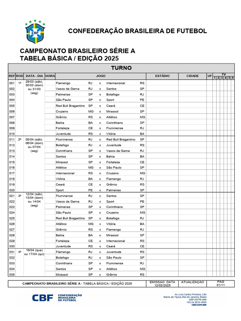 Tabela Campeonato Brasileiro Série A 2025 | PDF | Clubes de Futebol ...