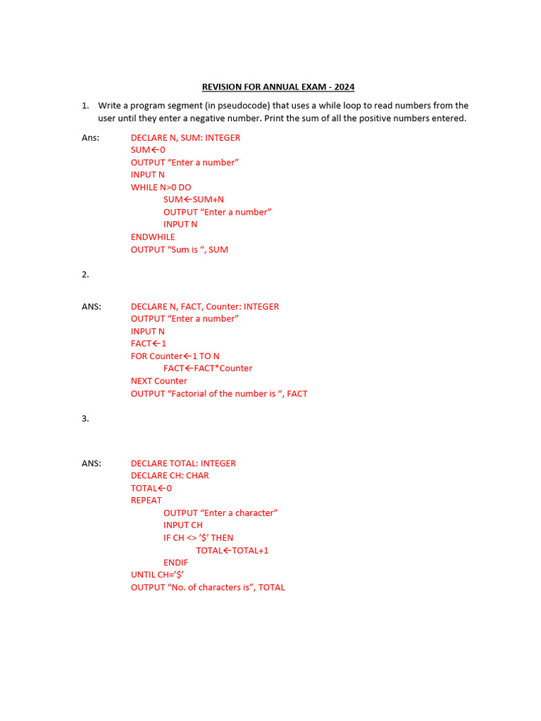 Pseudocode Programming Exercises 2024 | PDF | Computer Programming