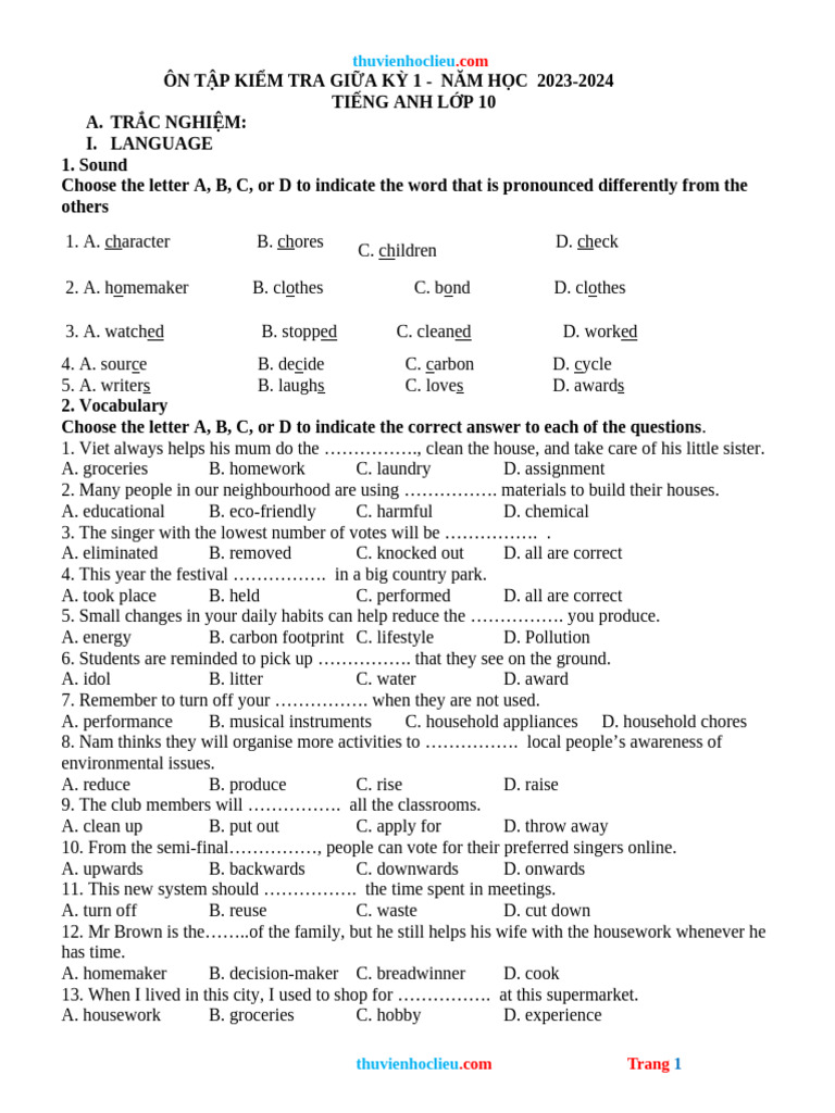 thuvienhoclieu.com-TRAC-NGHIEM-ON-TAP-GIUA-HK1-Tieng-Anh-10 | PDF | Wolfgang Amadeus Mozart