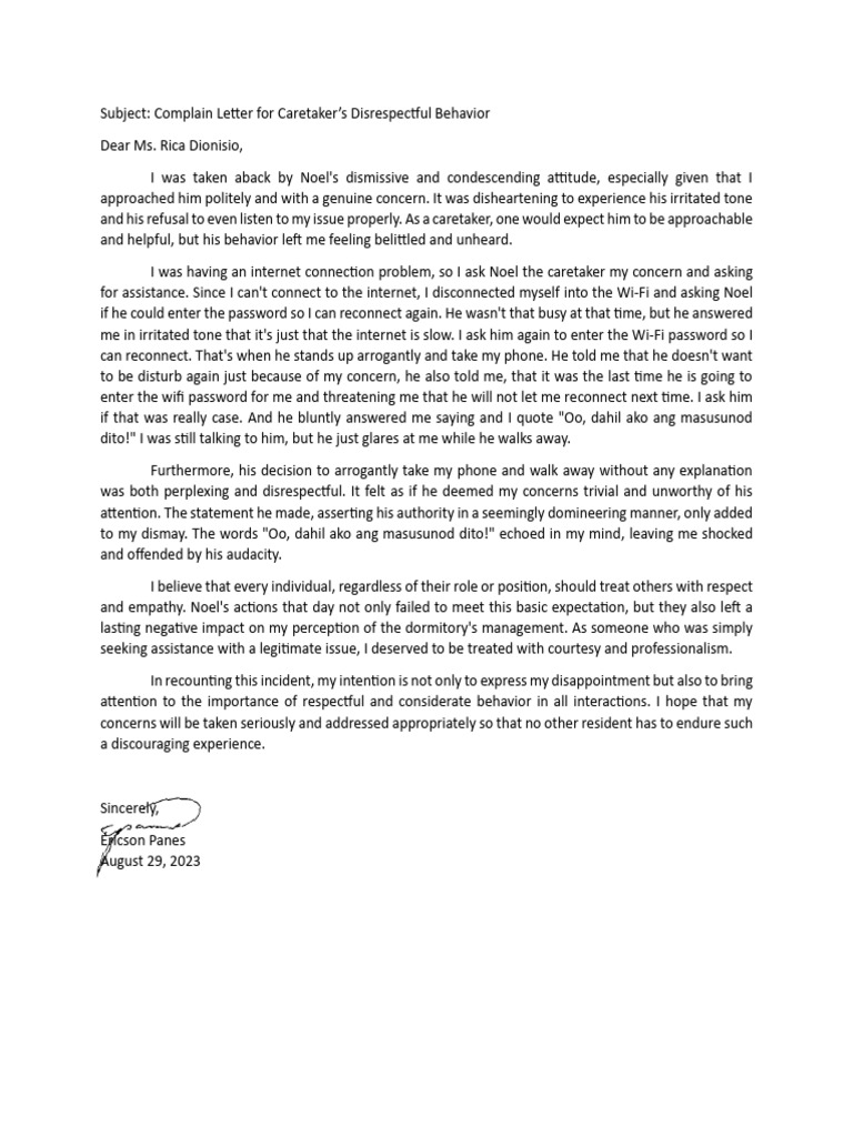 Letter Complain | PDF | Social Psychology | Behavioural Sciences