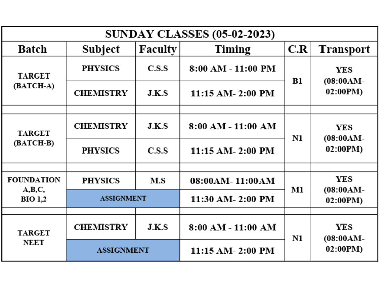 (05-02-23) Sunday Class Time Table | PDF