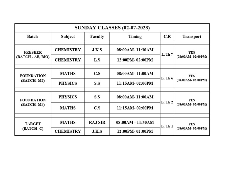 (02-07-23) Sunday Time Table | PDF