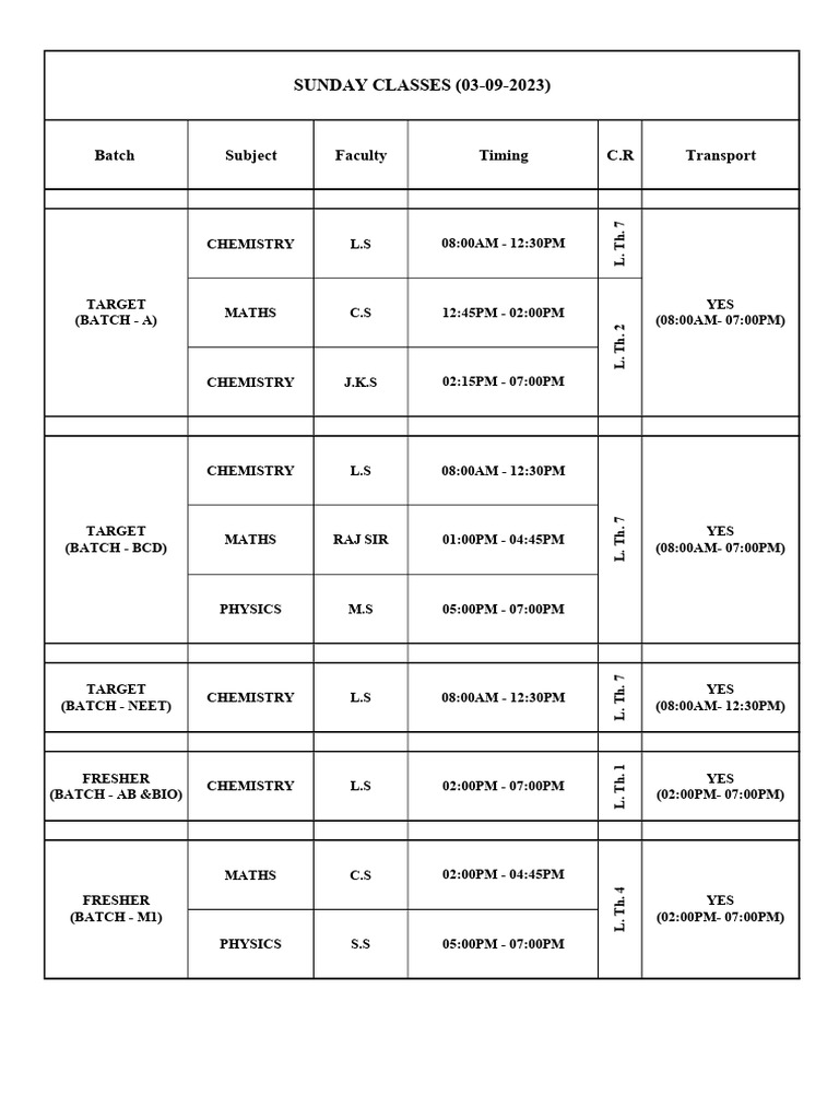 (03-09-2023) Sunday Time Table | PDF