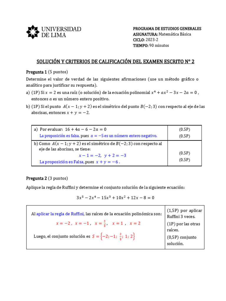 Solución y Criterios de La EE2 de MB (2023-2) - Ve 1 | PDF | Entero | Ecuaciones