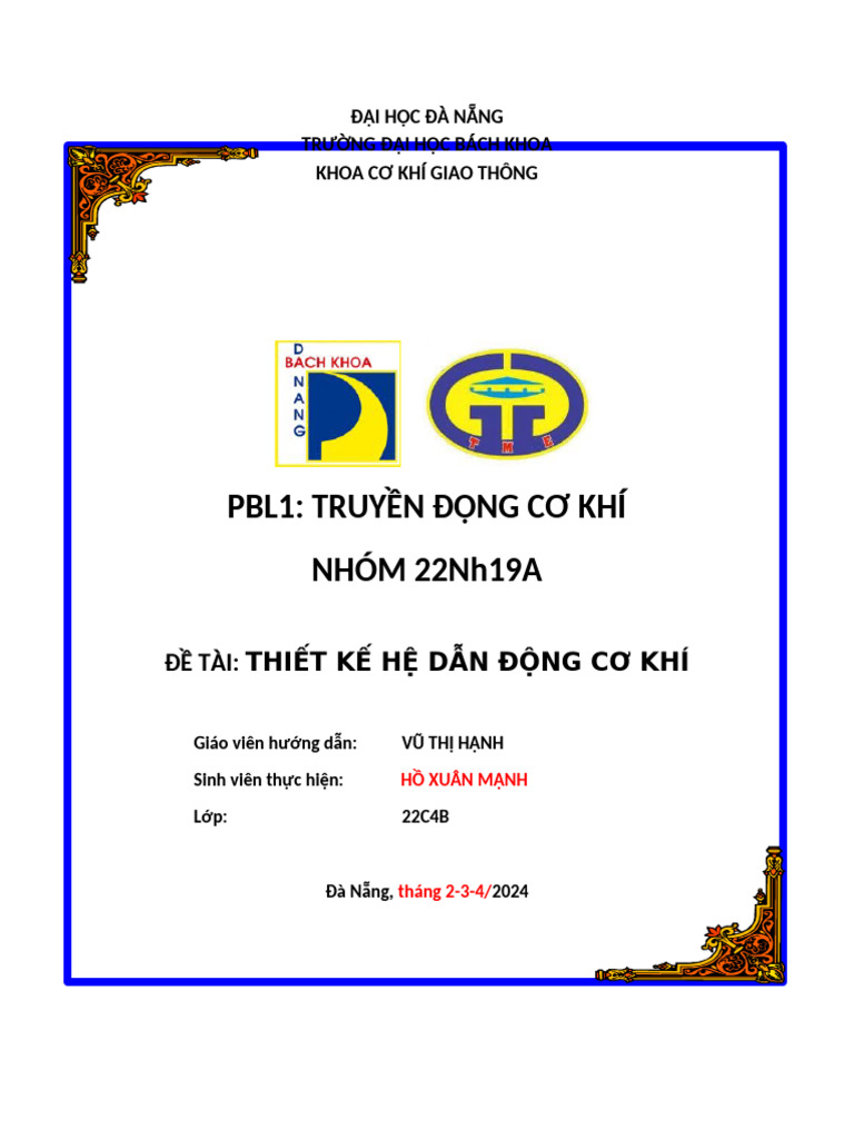 PBL1.Truyền Động Cơ Khí | PDF