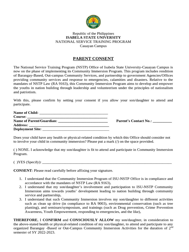 Parent Consent for NSTP Program | PDF